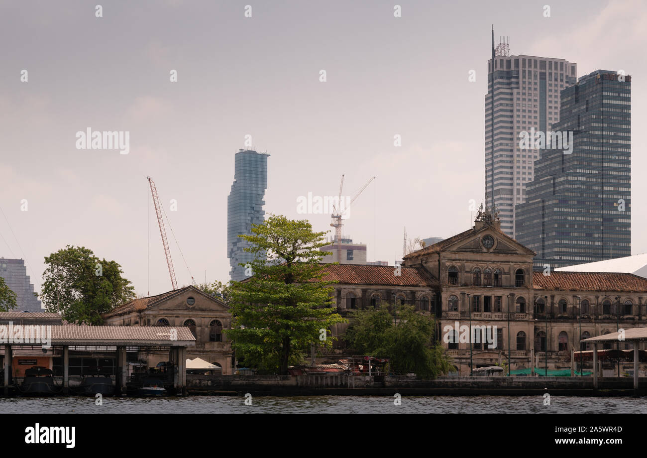 Bangkok city, Thailand - March 17, 2019: Chao Phraya River. Skyscrapers ...