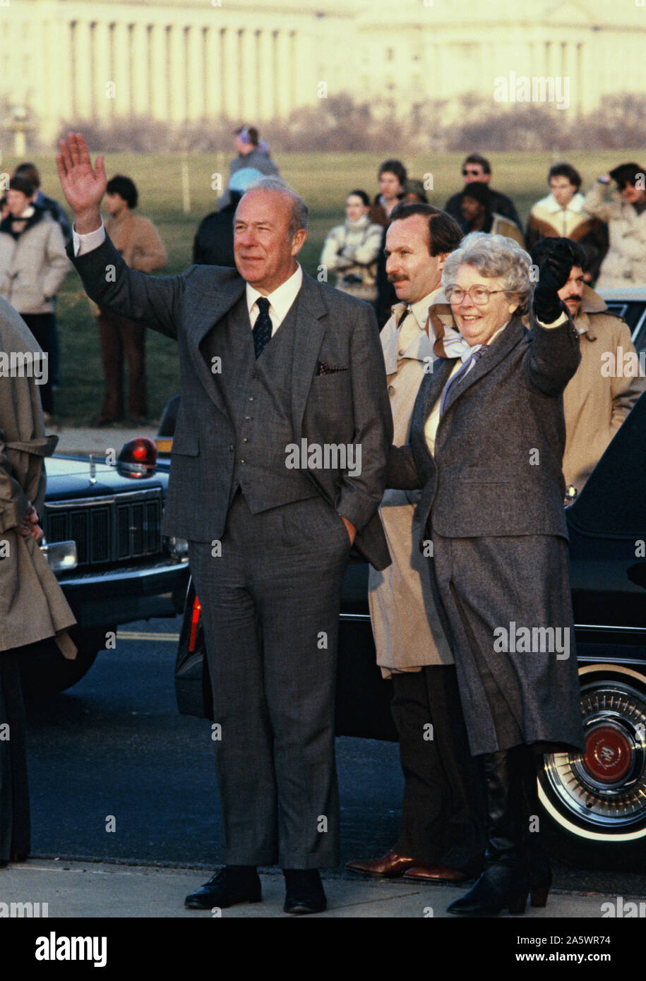 George Schultz and wife wave goodbye to a head of state in April 1983 ...