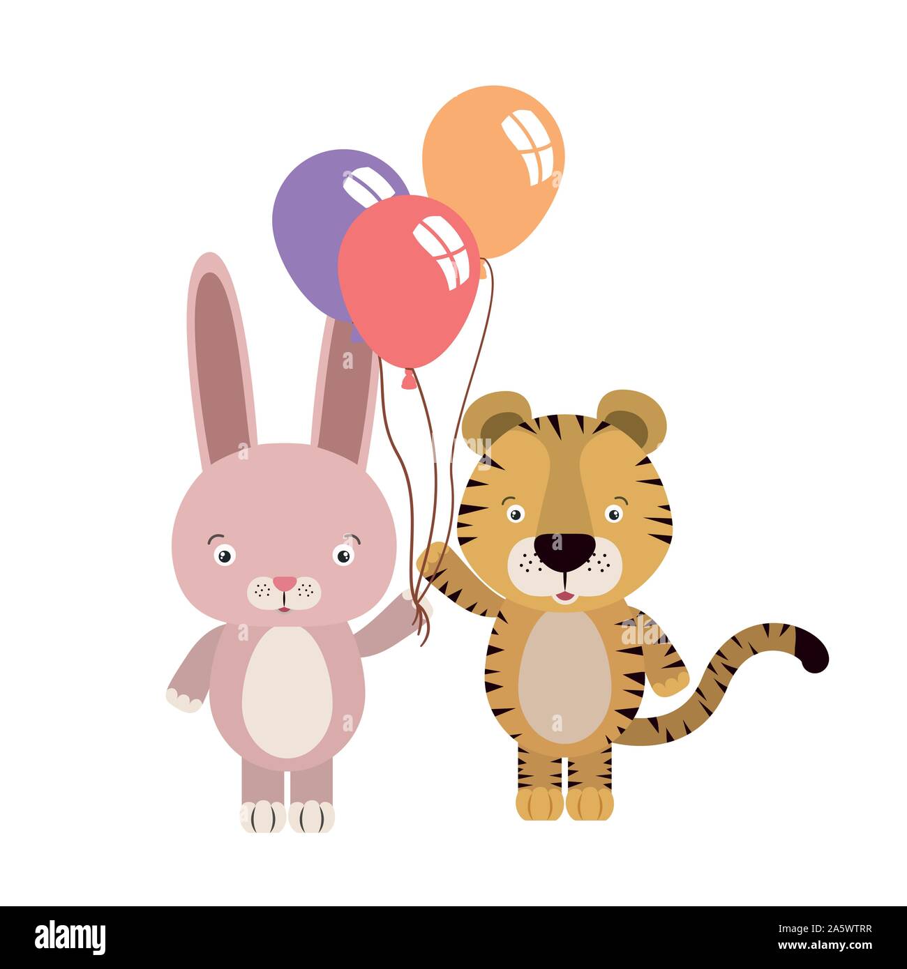 cute little tiger and rabbit with balloons helium Stock Vector Image ...