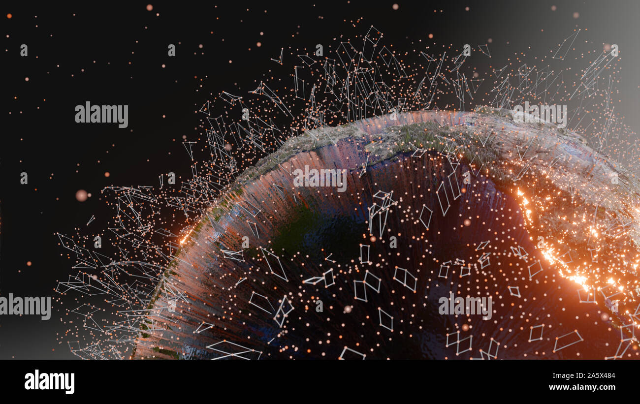 Connection lines and dots around Earth globe, Futuristic technology background. 3D illustration ...