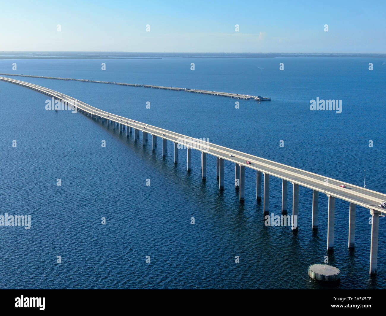 Aerial view of Sunshine Skyway, Tampa Bay Florida, USA. Big steel cable ...