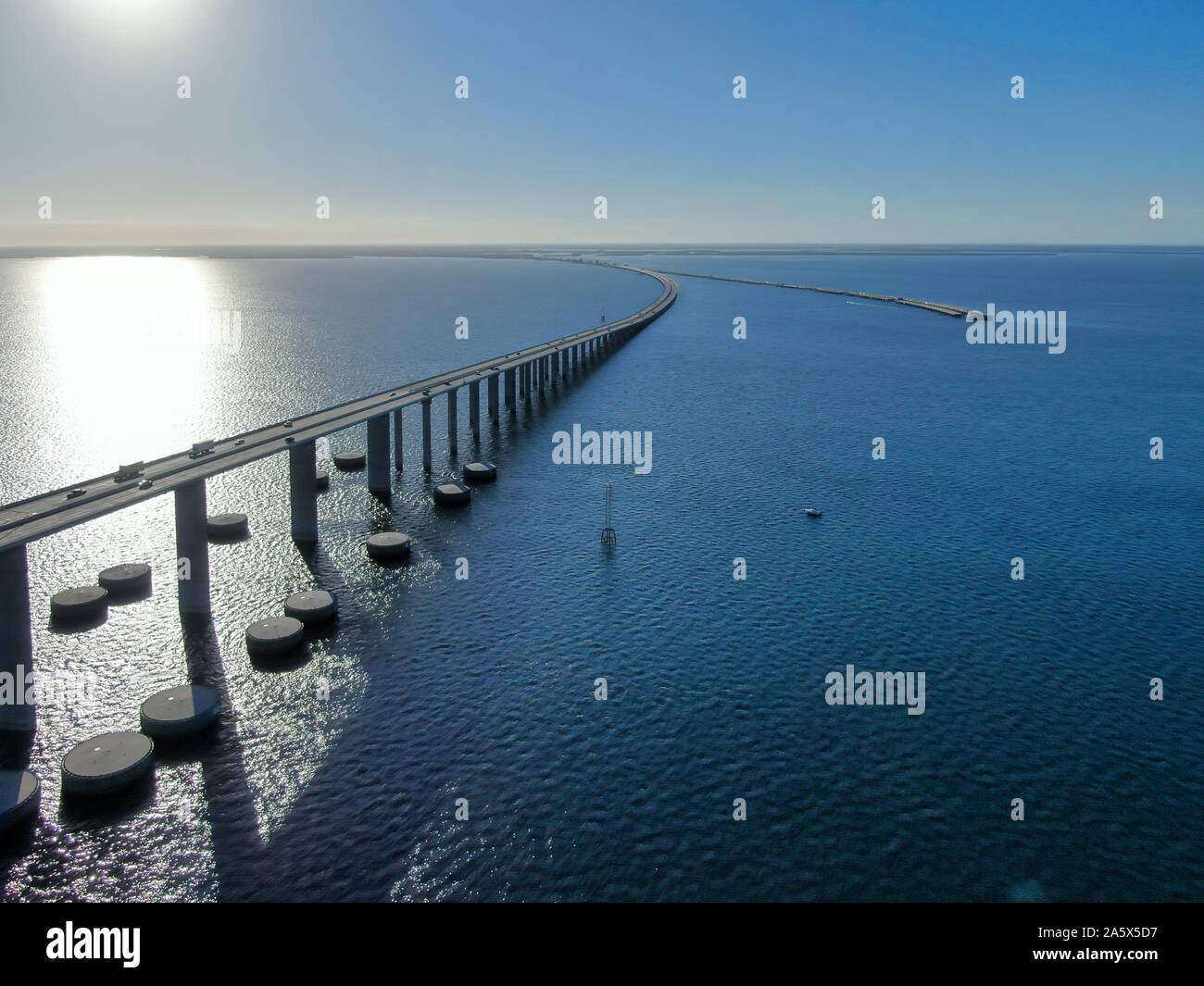 Aerial view of Sunshine Skyway, Tampa Bay Florida, USA. Big steel cable ...