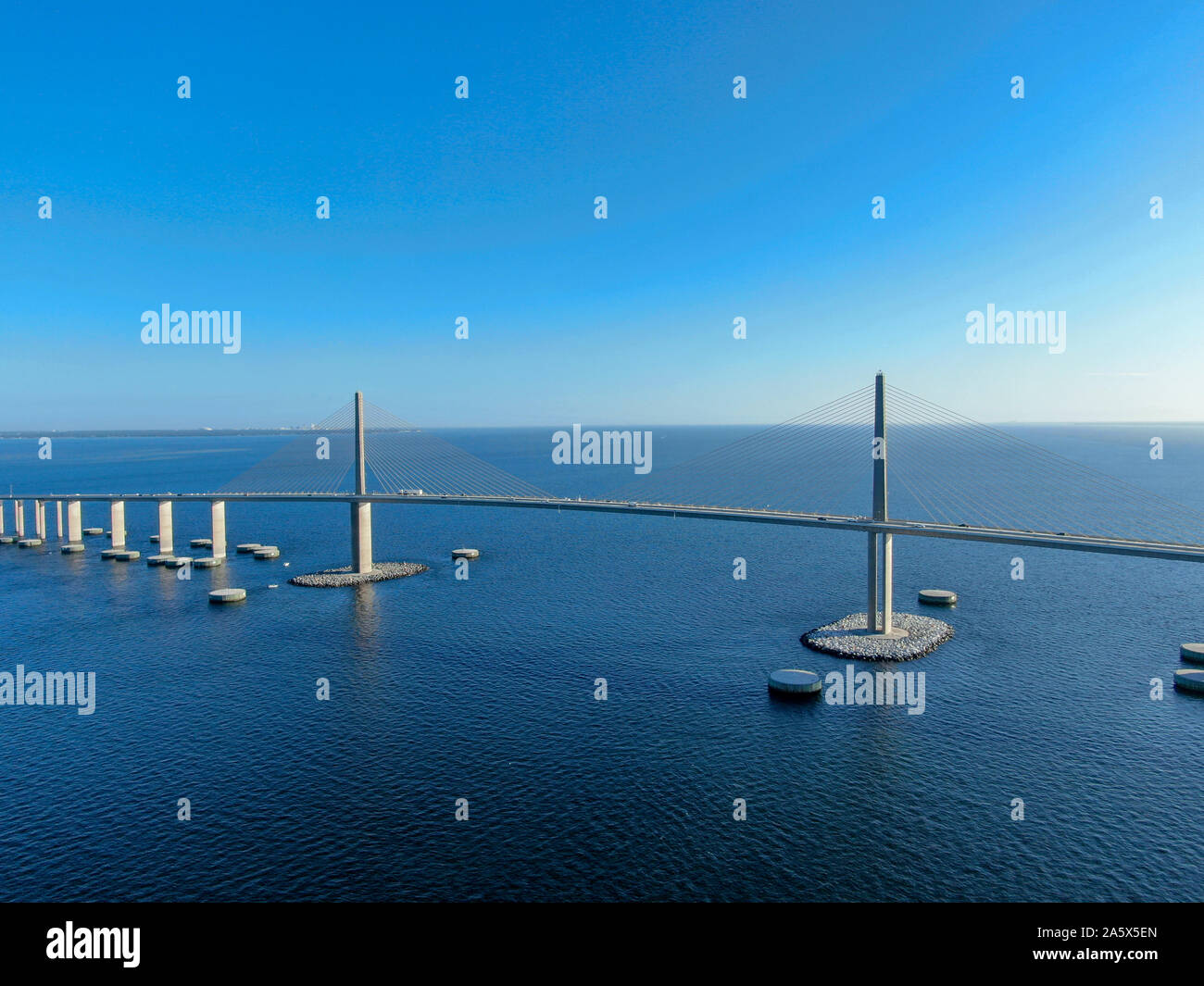Aerial view of Sunshine Skyway, Tampa Bay Florida, USA. Big steel cable ...