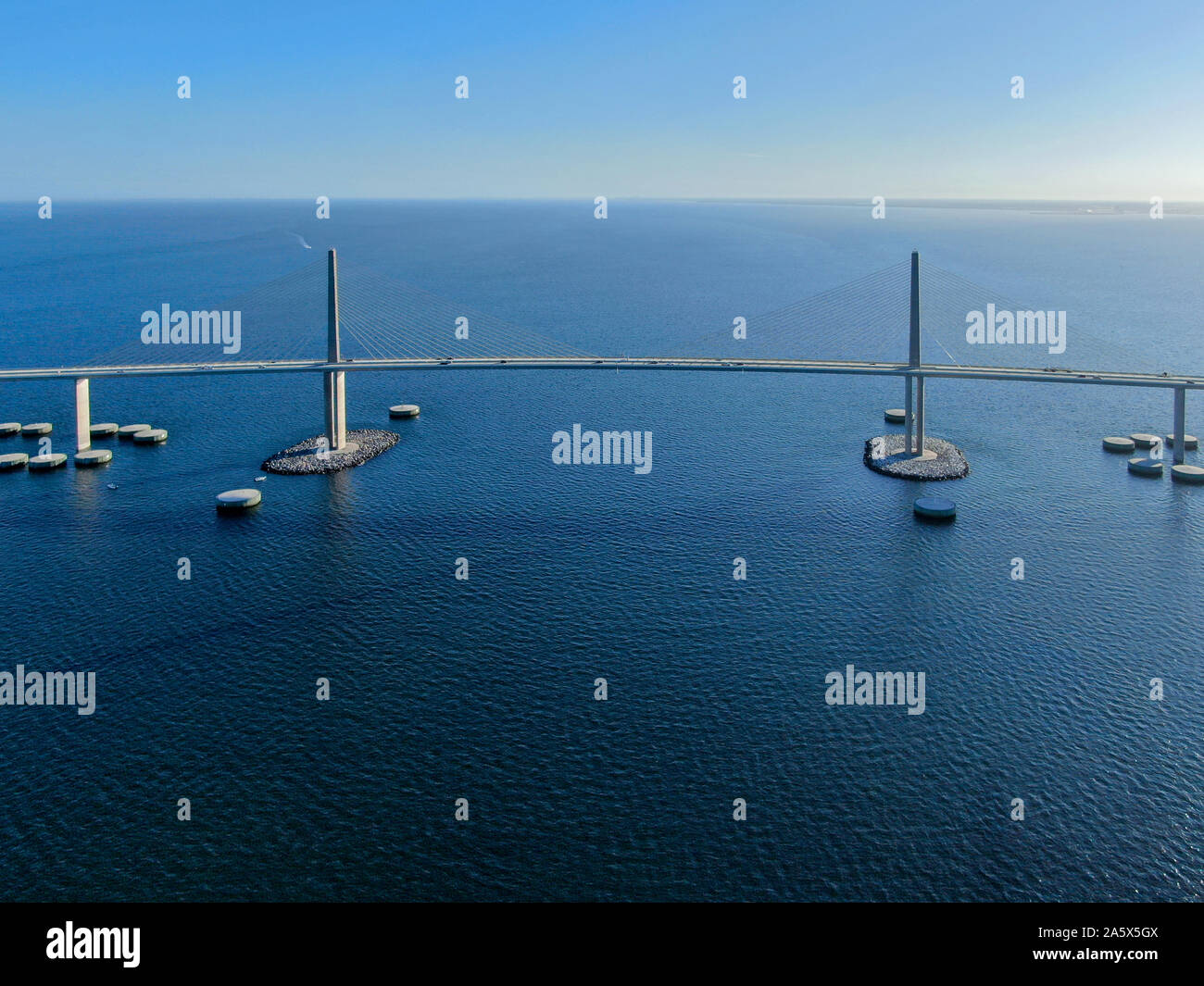 Aerial view of Sunshine Skyway, Tampa Bay Florida, USA. Big steel cable ...