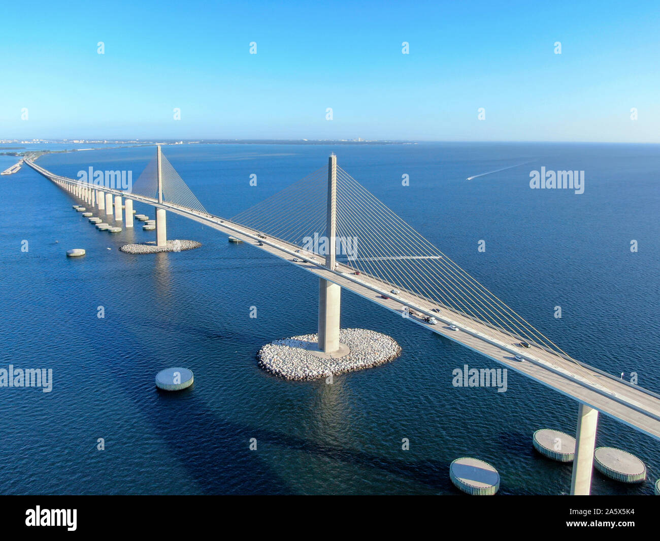 Aerial view of Sunshine Skyway, Tampa Bay Florida, USA. Big steel cable ...