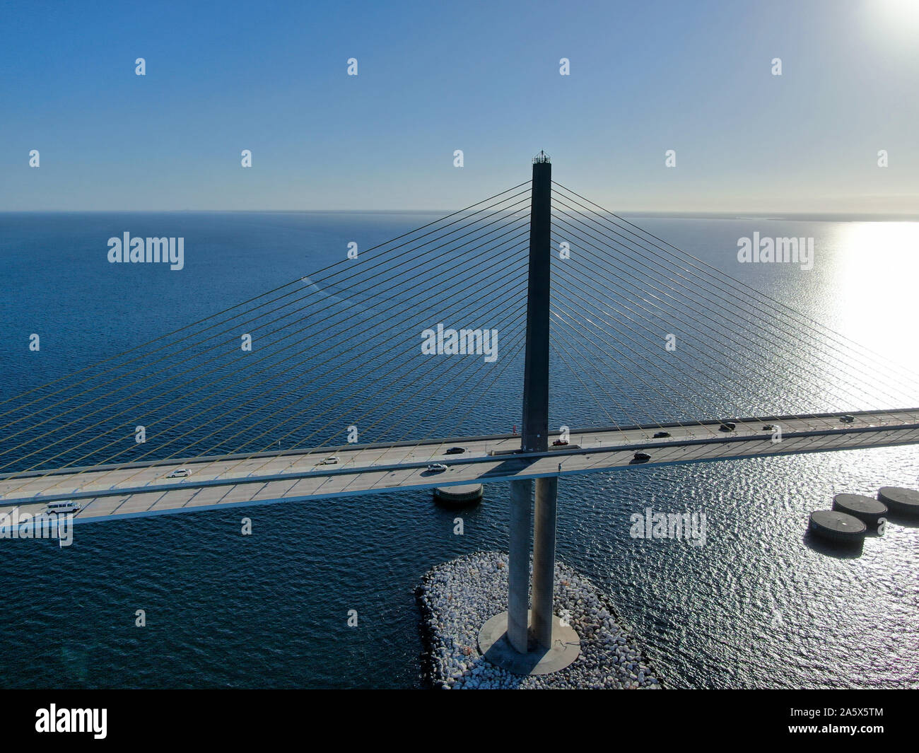 Aerial view of Sunshine Skyway, Tampa Bay Florida, USA. Big steel cable ...