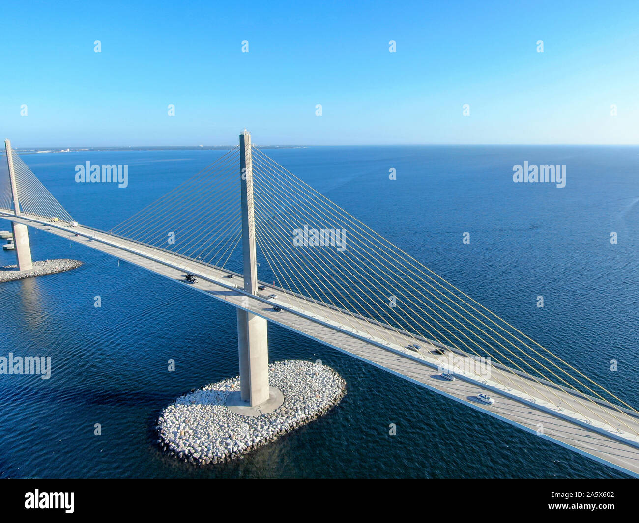 Aerial view of Sunshine Skyway, Tampa Bay Florida, USA. Big steel cable ...