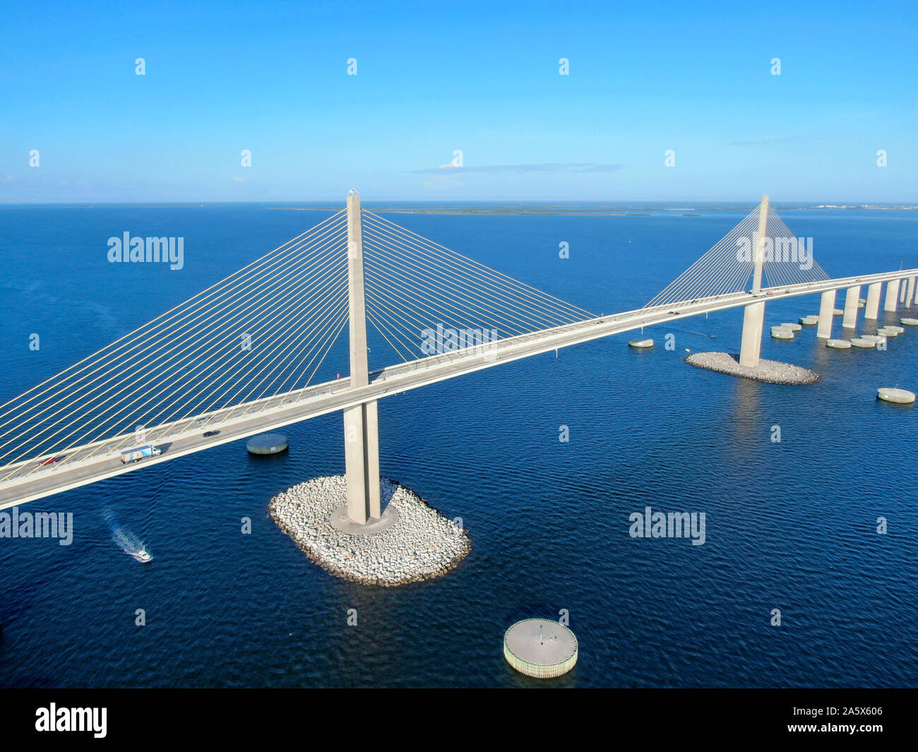 Aerial view of Sunshine Skyway, Tampa Bay Florida, USA. Big steel cable ...