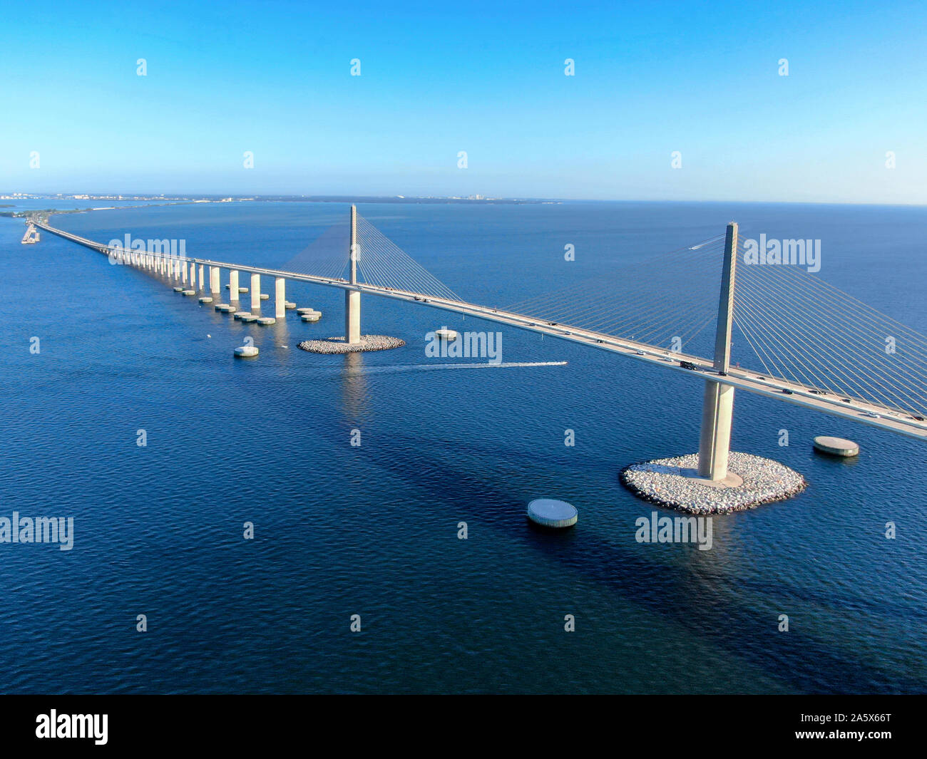 Aerial view of Sunshine Skyway, Tampa Bay Florida, USA. Big steel cable ...