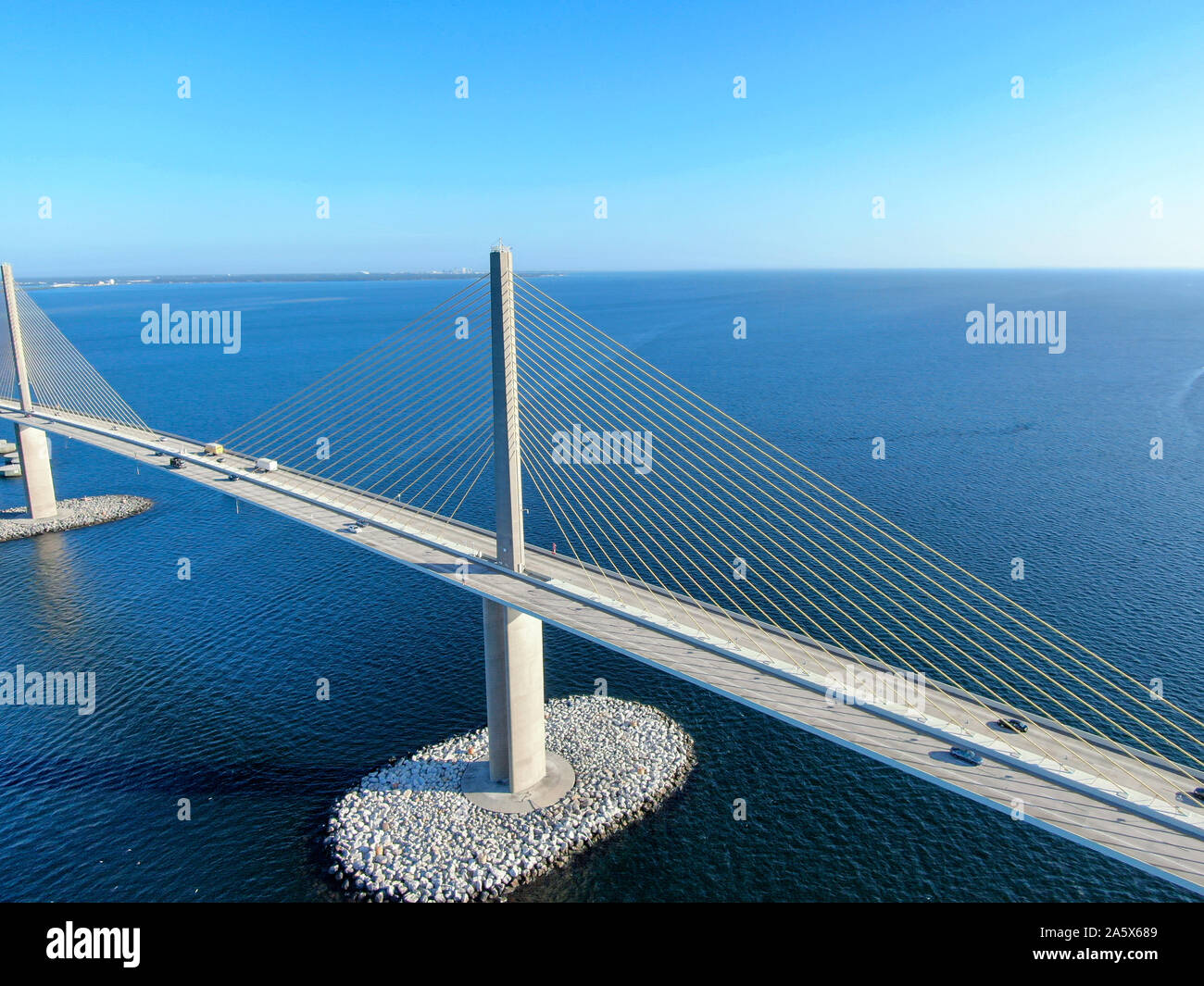 Aerial view of Sunshine Skyway, Tampa Bay Florida, USA. Big steel cable ...
