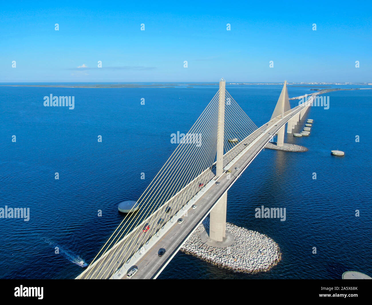 Aerial view of Sunshine Skyway, Tampa Bay Florida, USA. Big steel cable ...