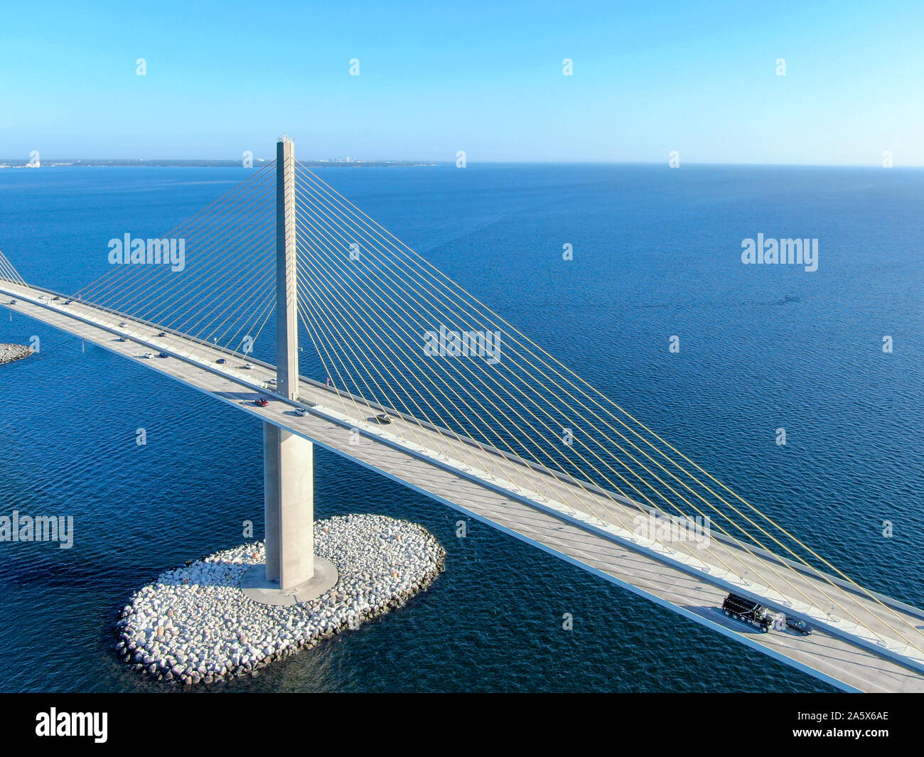 Aerial view of Sunshine Skyway, Tampa Bay Florida, USA. Big steel cable ...