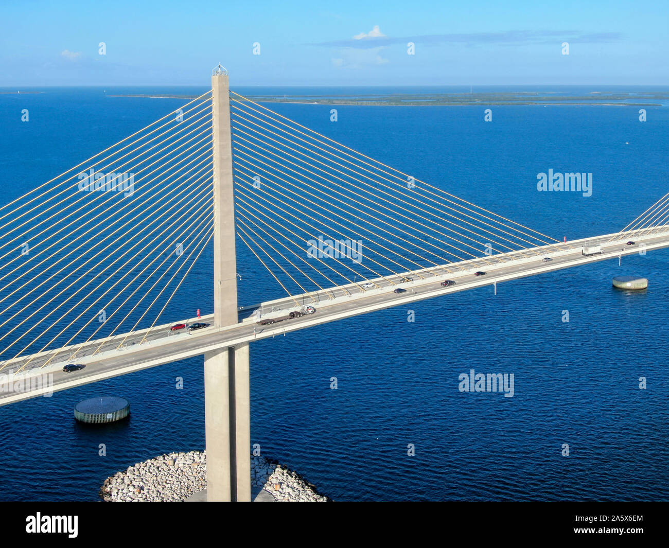 Aerial view of Sunshine Skyway, Tampa Bay Florida, USA. Big steel cable ...