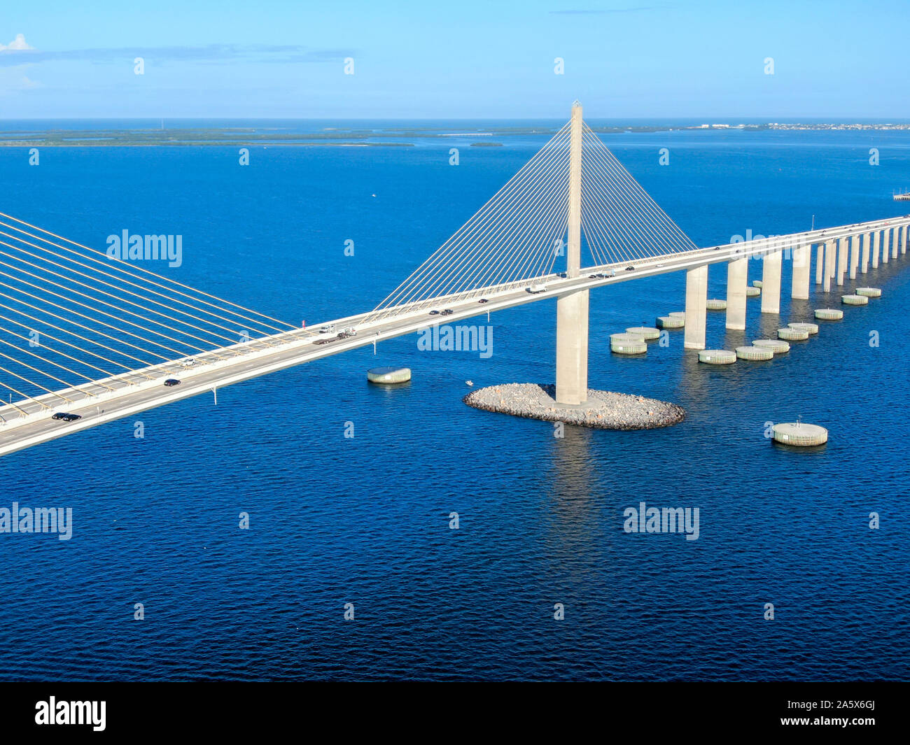 Aerial view of Sunshine Skyway, Tampa Bay Florida, USA. Big steel cable ...