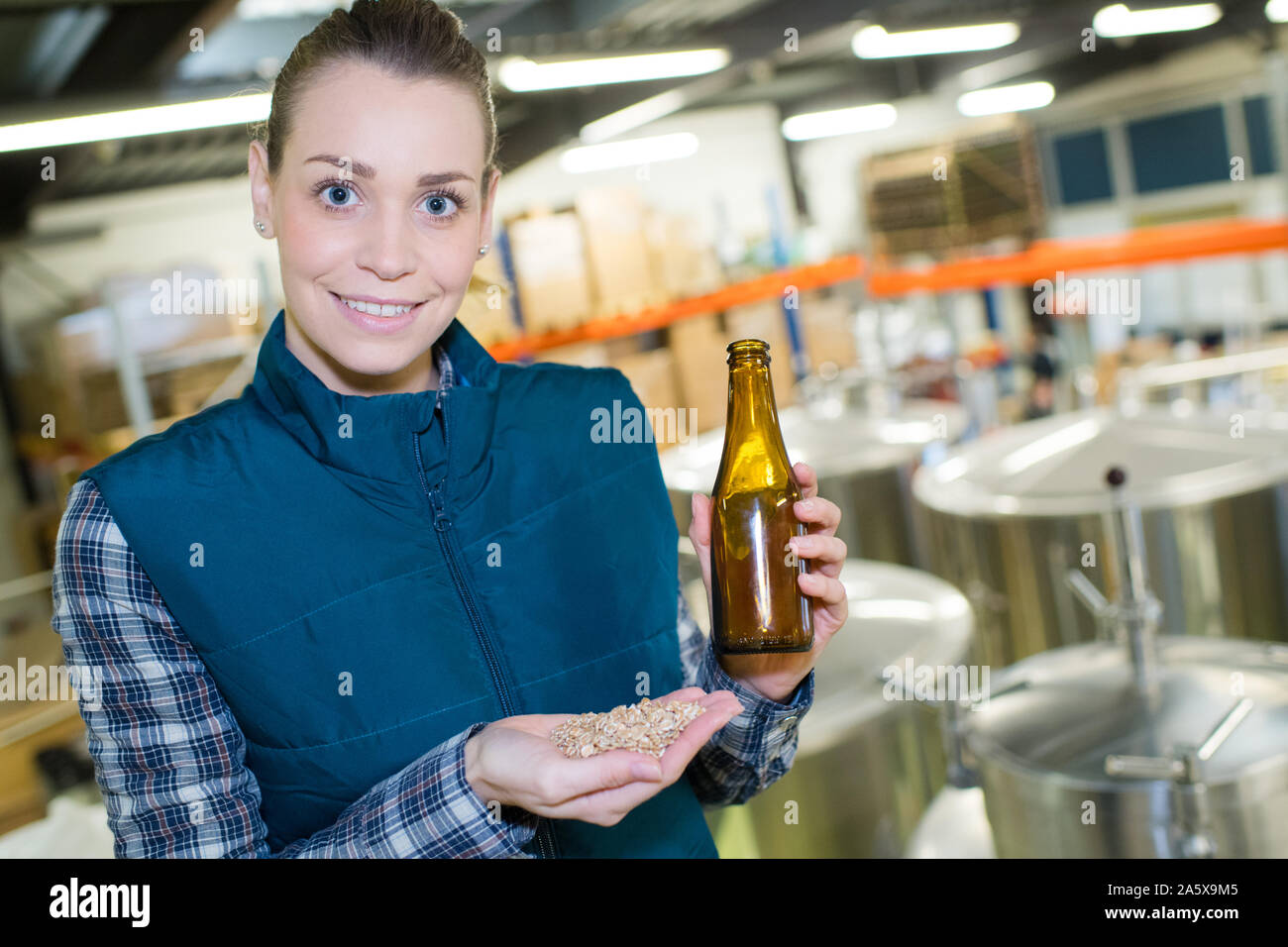 female brewer holding barley grain and beer in brewery factorys Stock ...