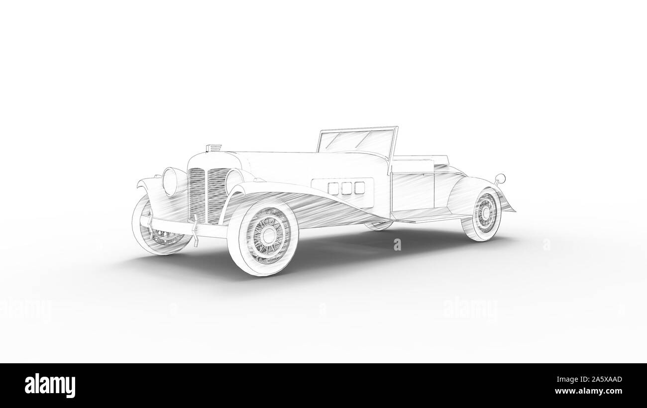 sketch illustration of a vintage roadster car isolated in white ...
