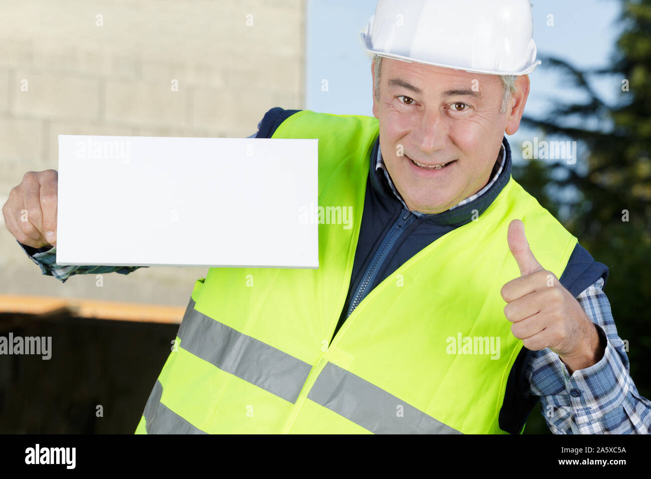 happy worker presenting empty banner Stock Photo - Alamy