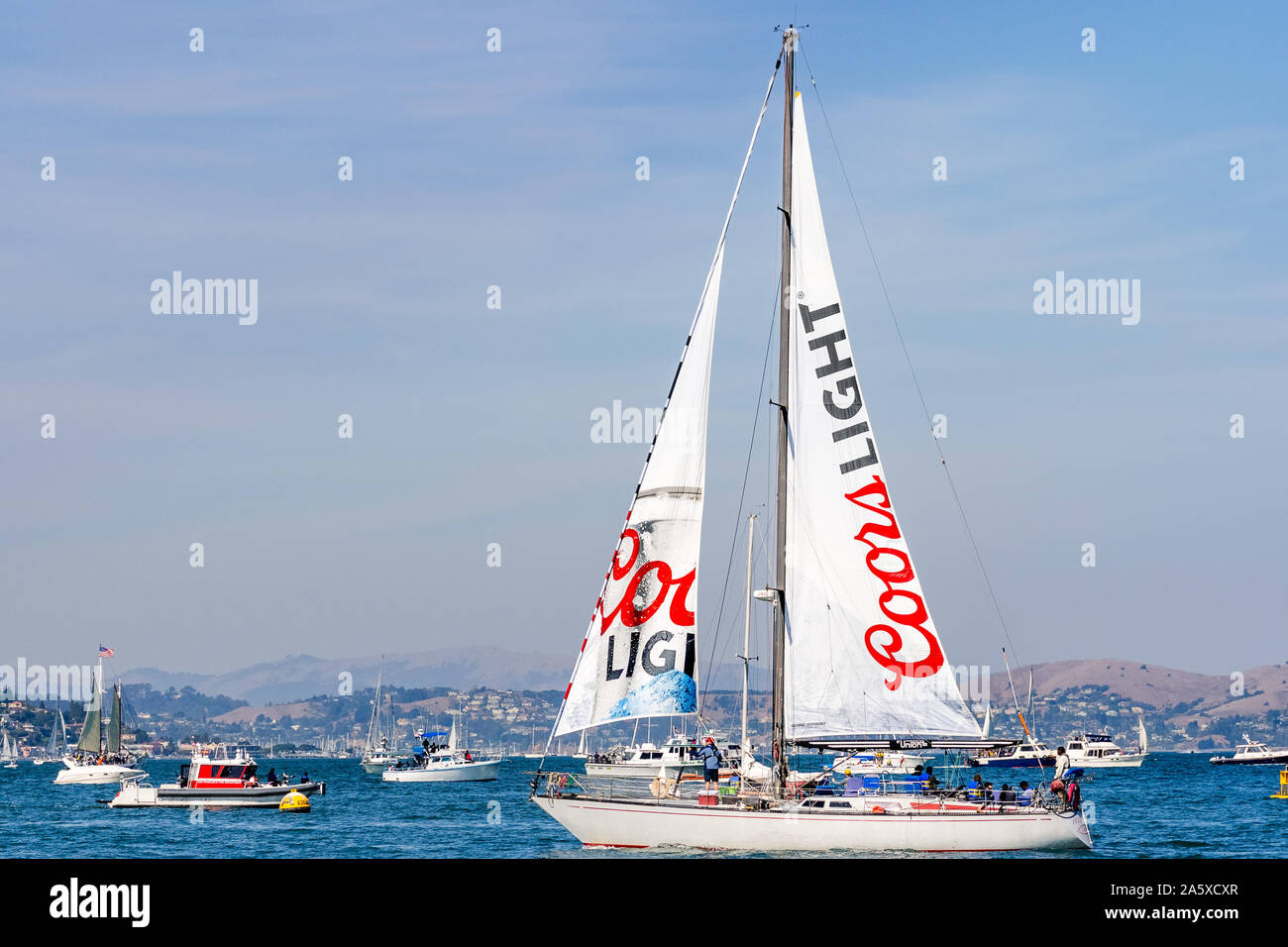 Oct 12, 2019 San Francisco / CA / USA - Sailboat displaying the Coors ... Oct 12, 2019 San Francisco / CA / USA - Sailboat displaying the Coors ...