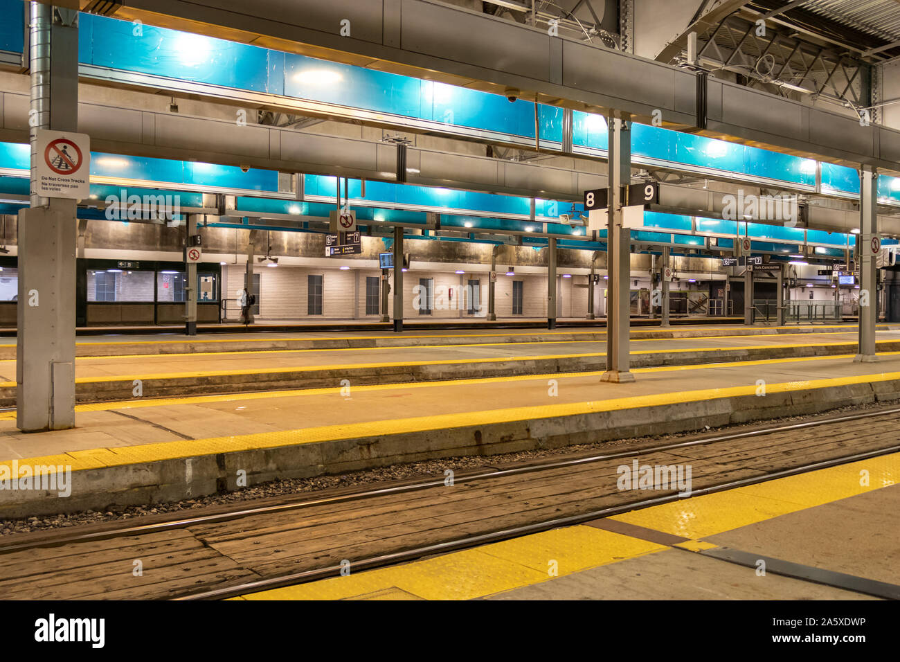 Empty train platforms underneath Union Station Toronto at night Stock ...