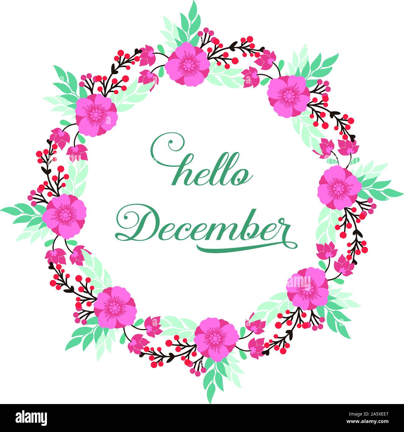 Modern calligraphy card hello december, with shape art of pink flower ...