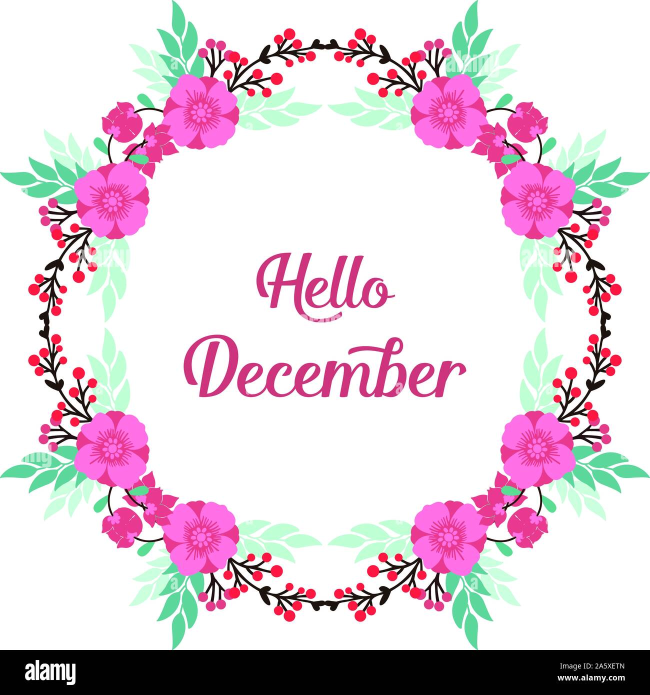 Modern calligraphy card hello december, with shape art of pink flower ...