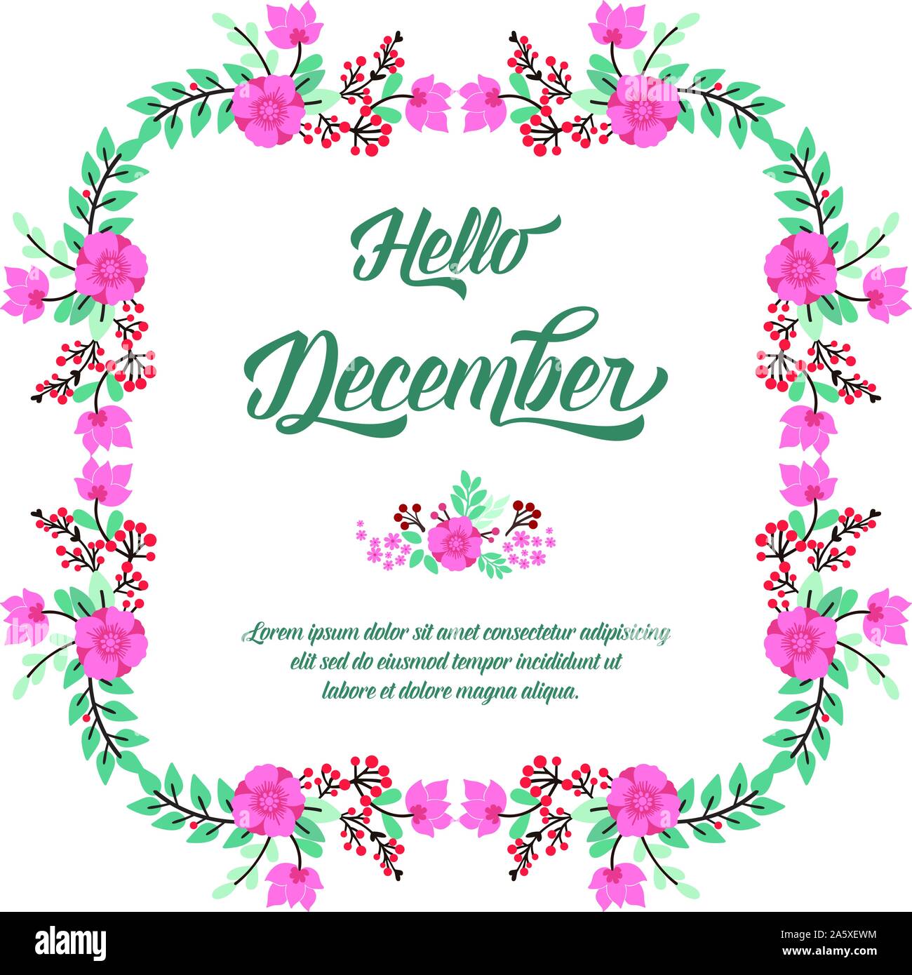 Modern calligraphy card hello december, with shape art of pink flower ...