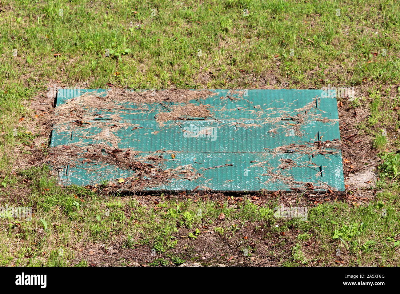 Entrance to large underground storage area covered with green elongated ...