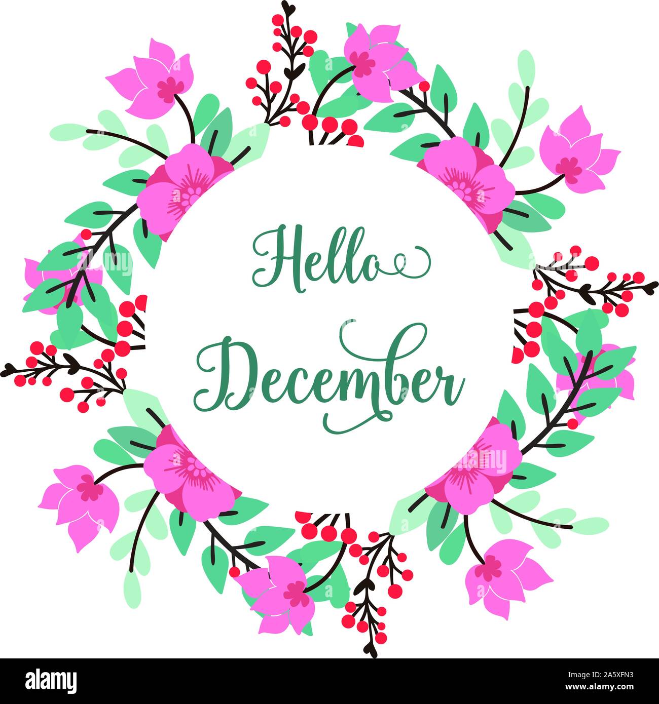 Handwritten card hello december, with sketch of leaf flower frame ...