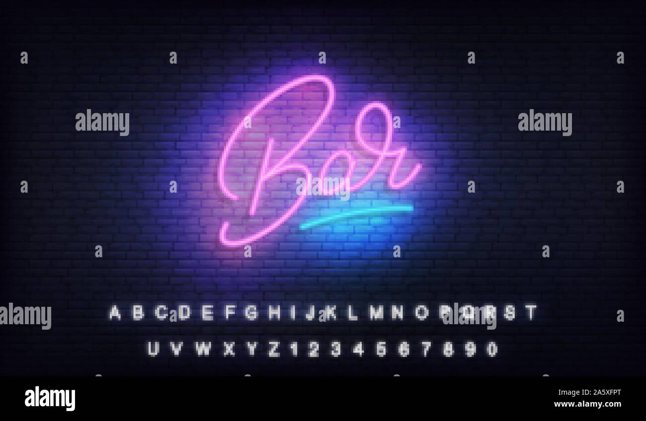 Bar neon lettering template. Glowing calligraphy sign for Bar Stock ...