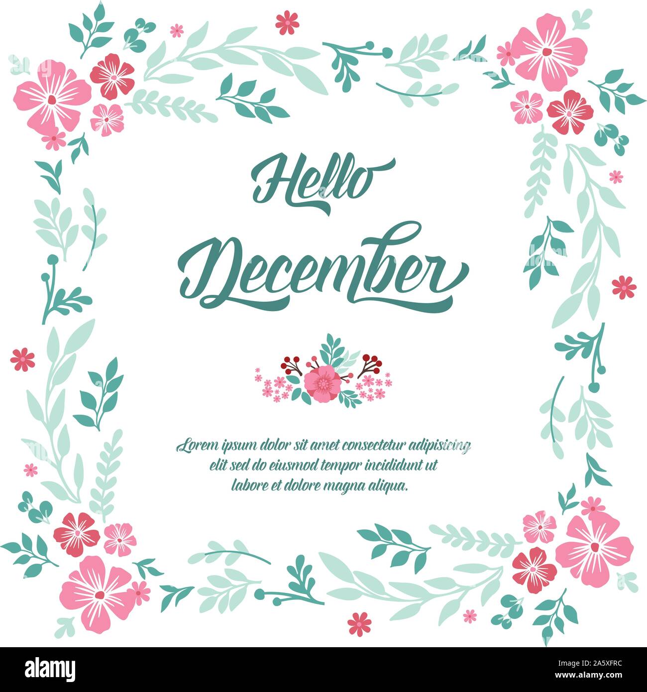 Lettering of greeting card hello december, with beauty of pink floral ...