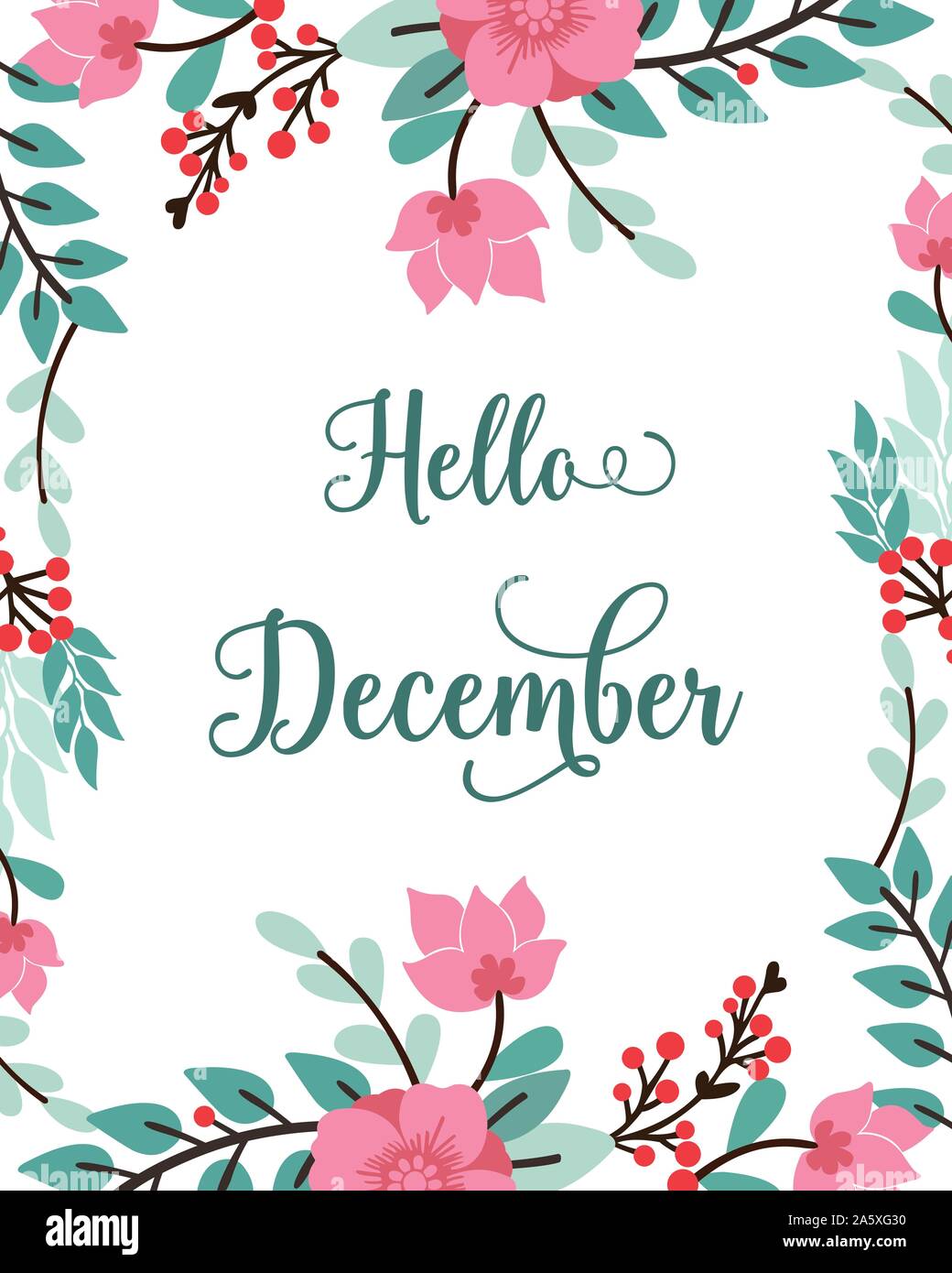 Handwritten card hello december, with sketch of leaf flower frame ...