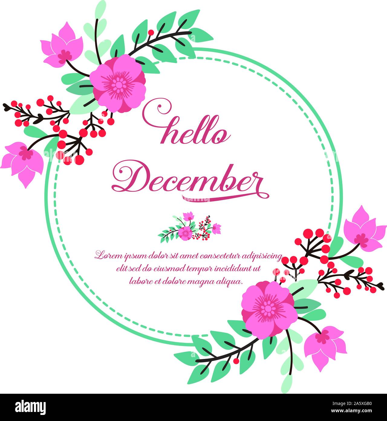 Design poster hello december, with pattern of pink wreath frame bright ...