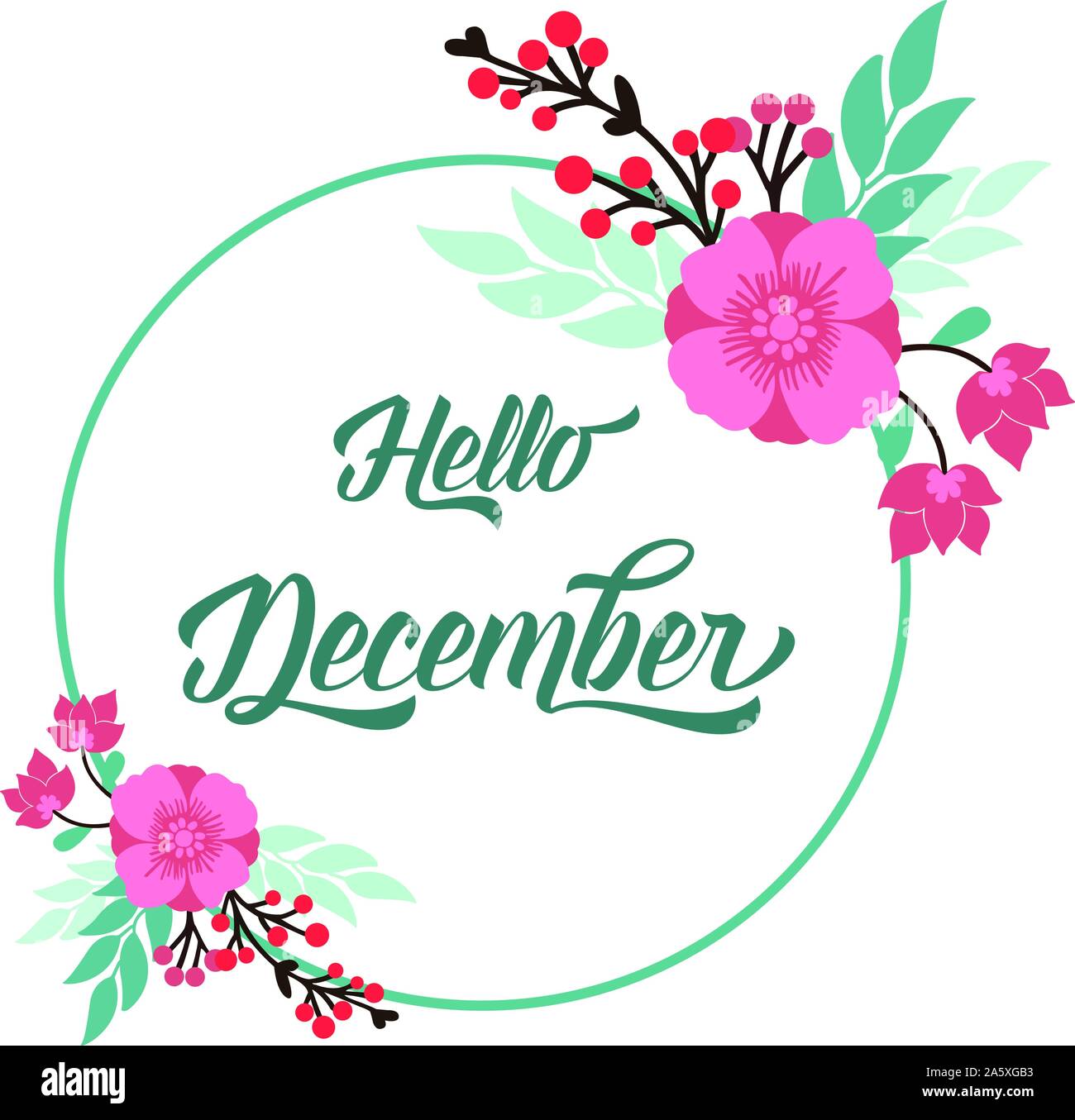 Design poster hello december, with pattern of pink wreath frame bright ...