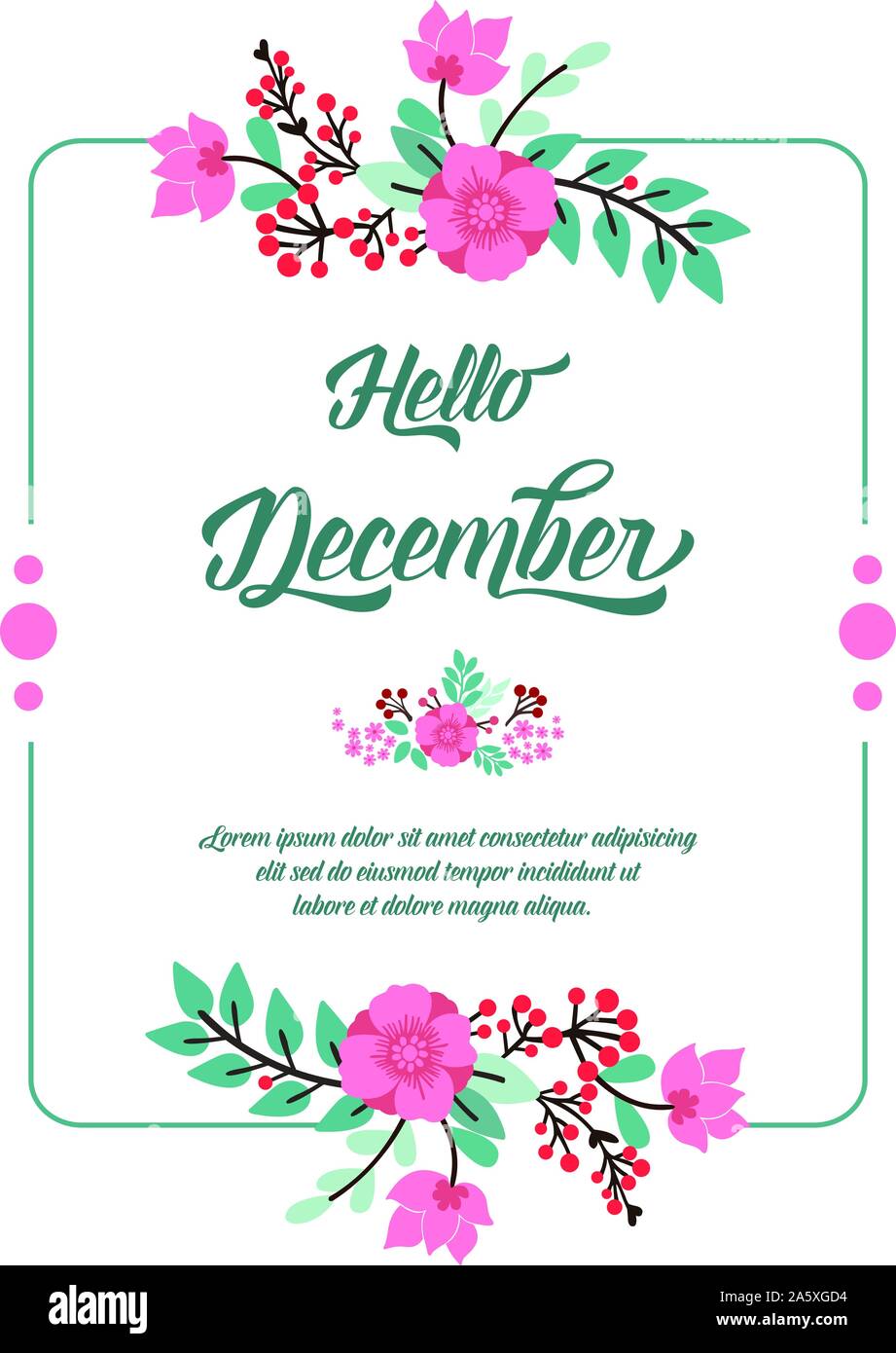 Design poster hello december, with pattern of pink wreath frame bright ...