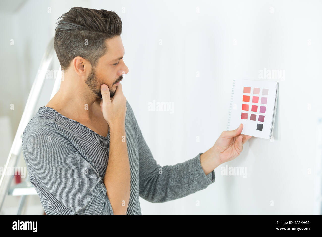 man holding a booklet of paint sample colours against wall Stock Photo ...