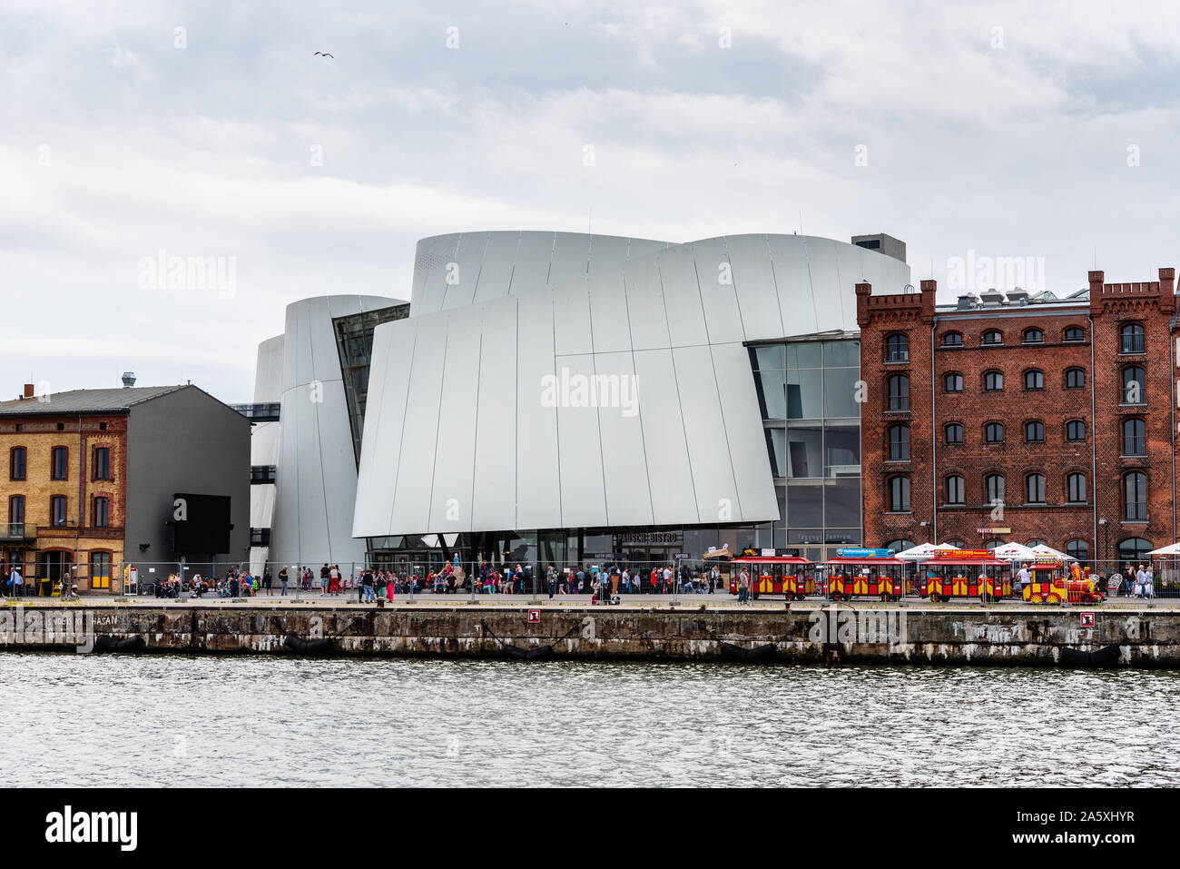 Stralsund, Germany - July 31, 2019: The harbour and the Ozeaneum museum ...