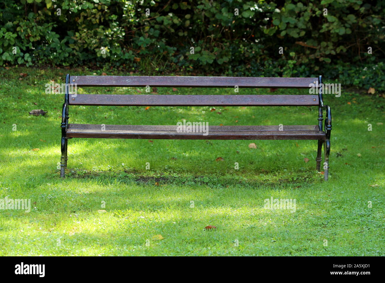 Old public park bench with wooden boards and baroque style wrought iron ...