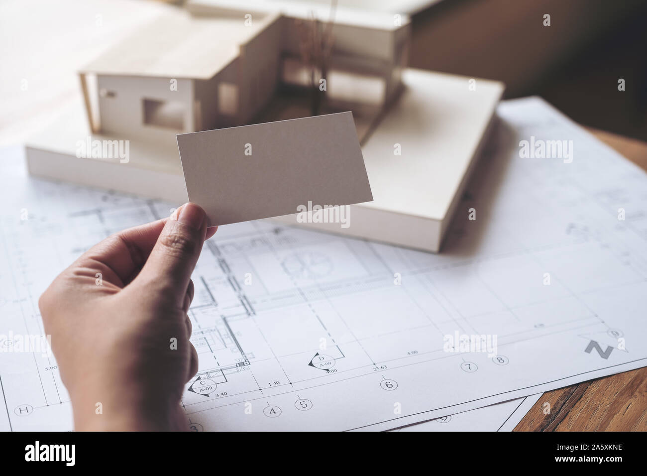 A hand holding and showing an empty business card with an architecture ...