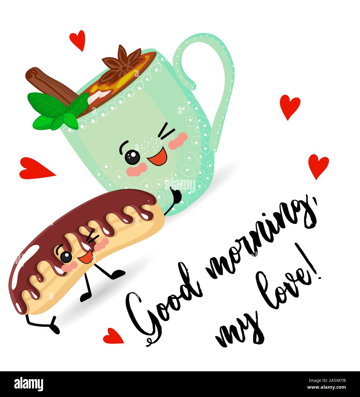 Kawaii cups.characters with chocolate and marshmallows. Greeting card ...