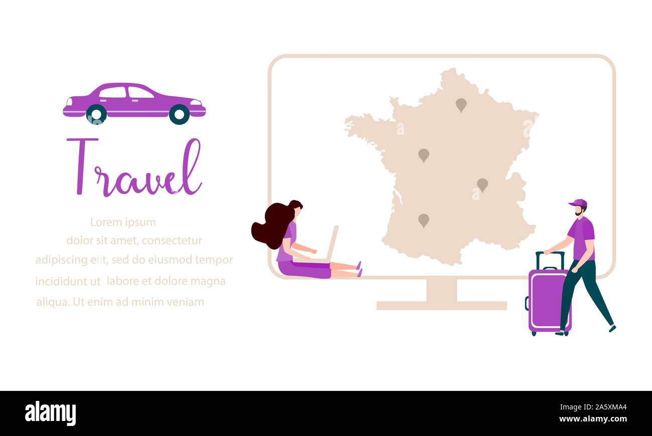 Vector illustration. People traveling on vacation, explore route using device. Travel ...