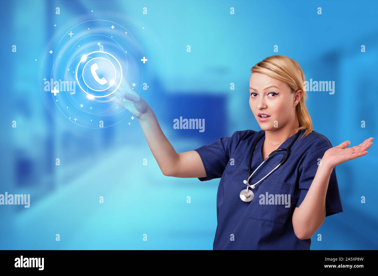 Doctor touching blue screen with call center concept Stock Photo - Alamy