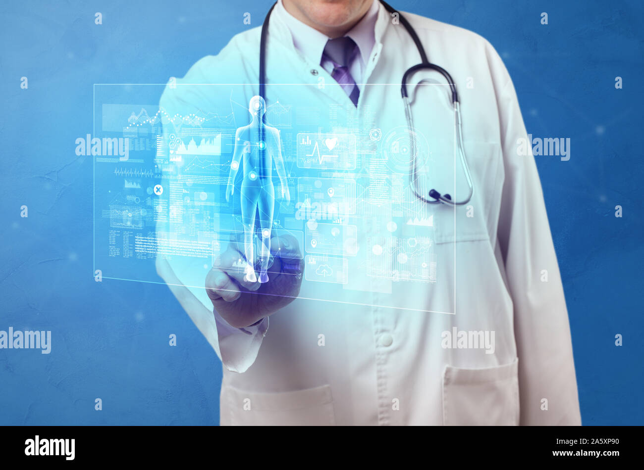 Doctor touching blue screen with full body analyze concept Stock Photo ...