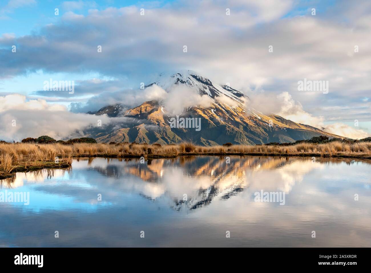 Water reflection in Pouakai Tarn, stratovolcano Mount Taranaki or Mount ...