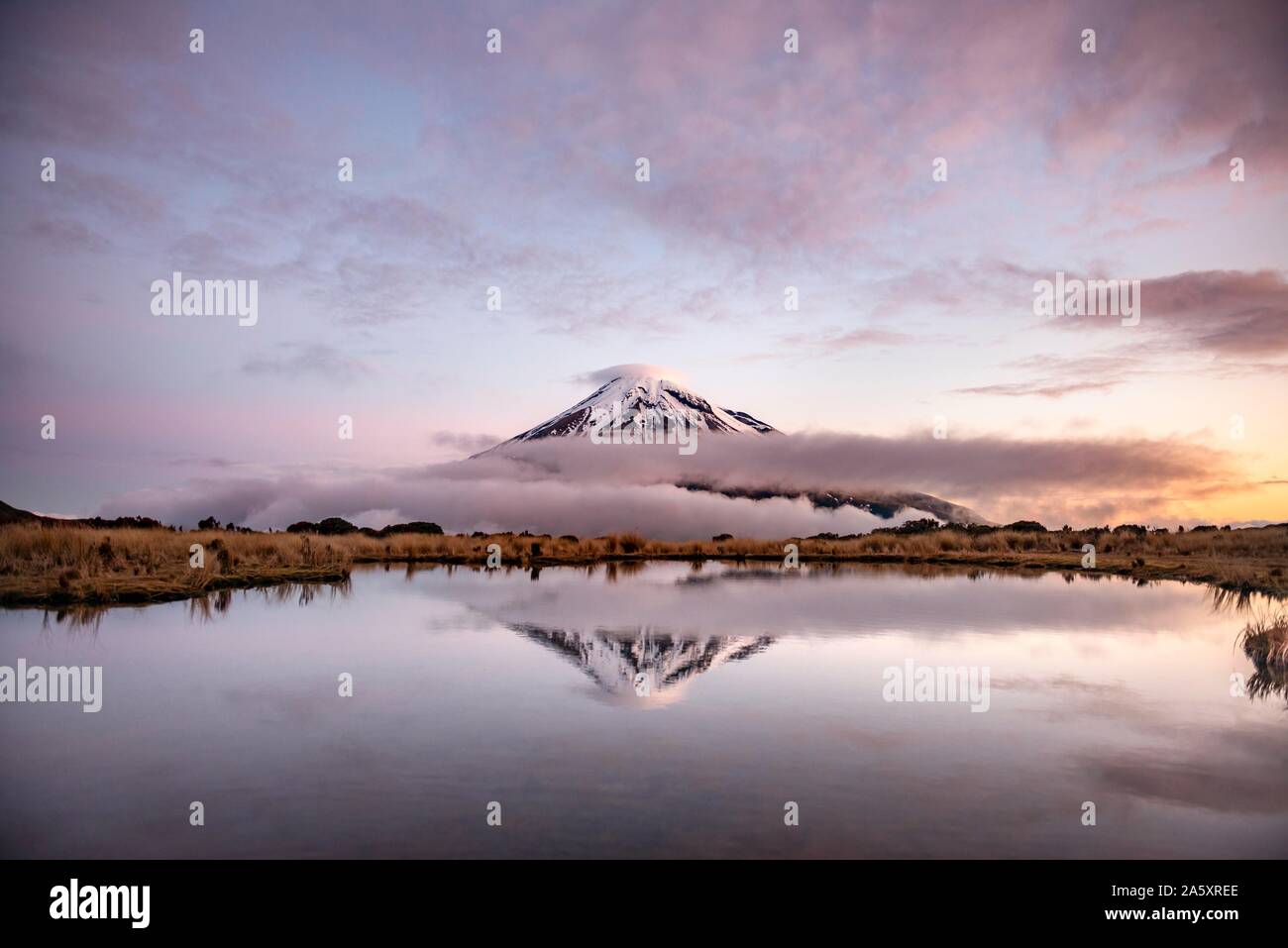 Water reflection in Pouakai Tarn Mountain Lake at sunset, Stratovolcano ...