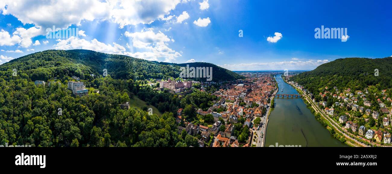 Aerial view, Heidelberg Castle and Old Town of Heidelberg with Neckar ...
