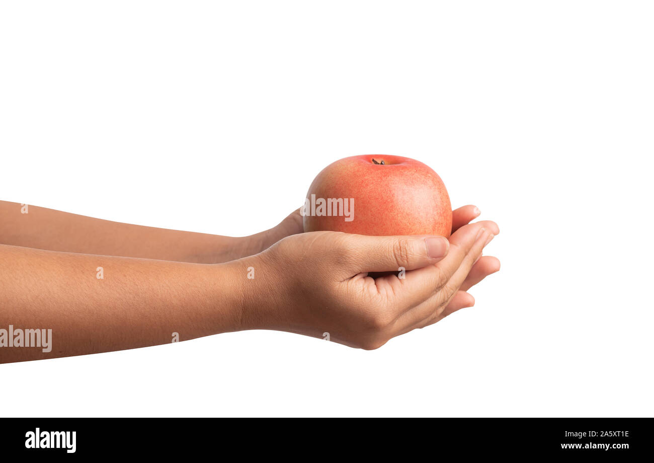 Woman hands holding a red apple isolated on a white background. Human ...