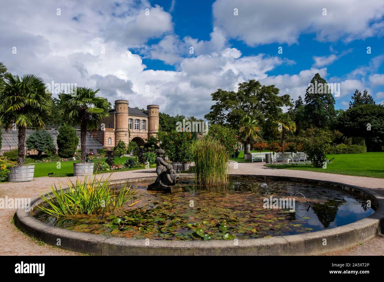 Water lily basin in front of the arched building, botanical garden in ...