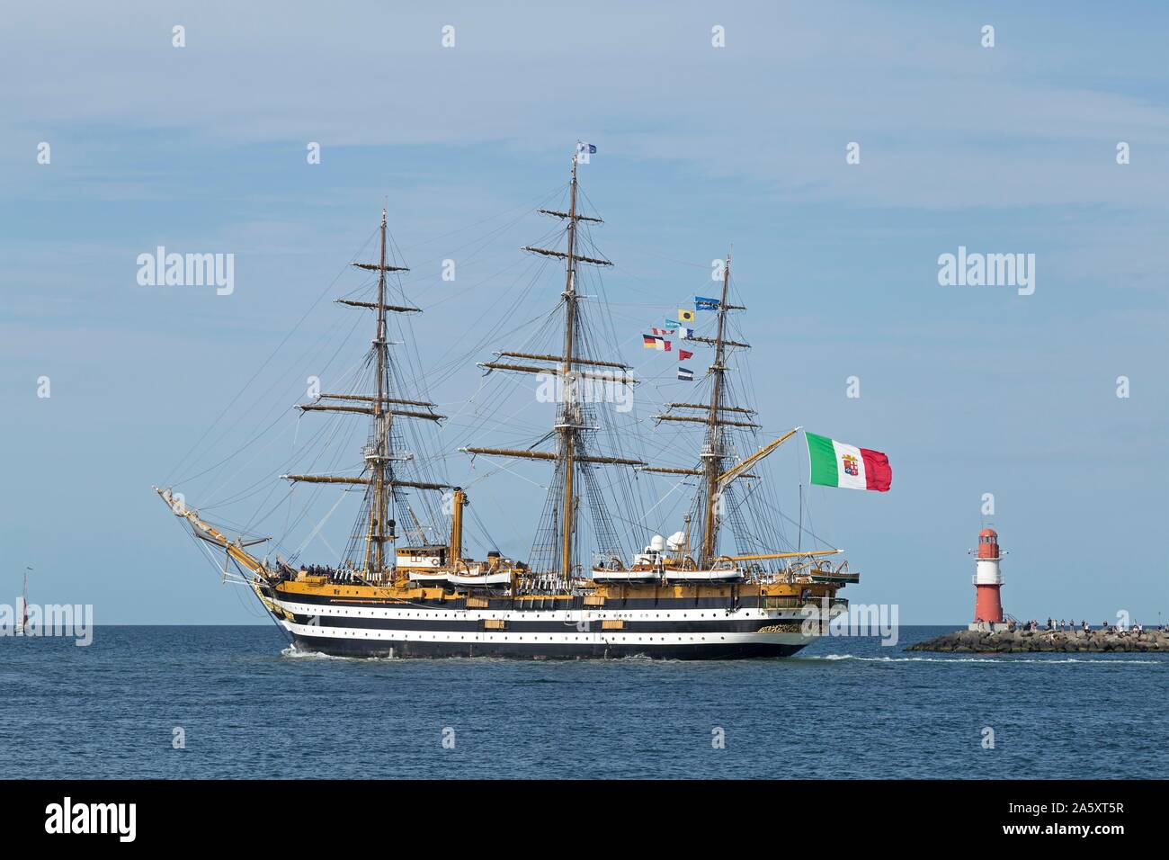 Italian sailing training ship Amerigo Vespucci passes pier lights at ...