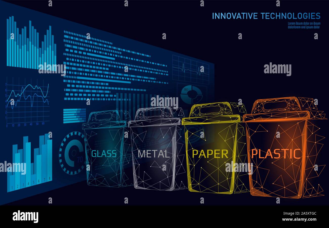 Low poly waste separation 3D concept. Garbage recycle plastic aluminium ...