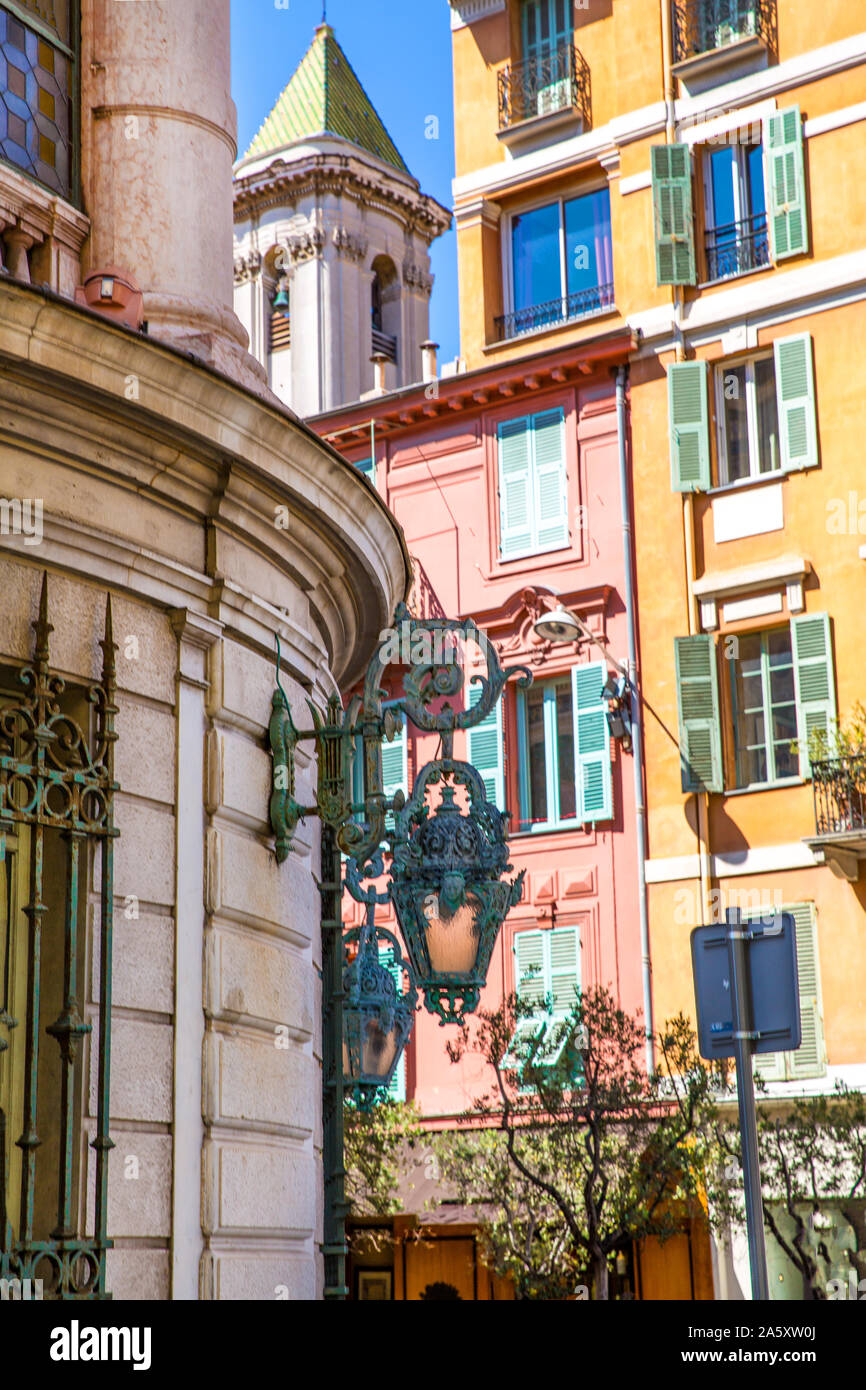Colorful facades of old buildings in Nice, France. French riviera Stock ...